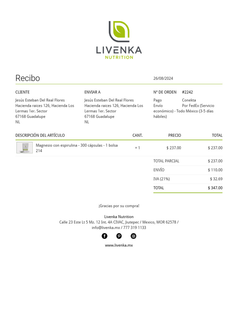 Recibo de compra Livenka Nutrition | PDF