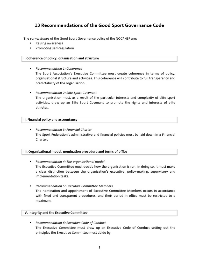 Good Sport Governance Code Recommendations | PDF | Committee | Governance