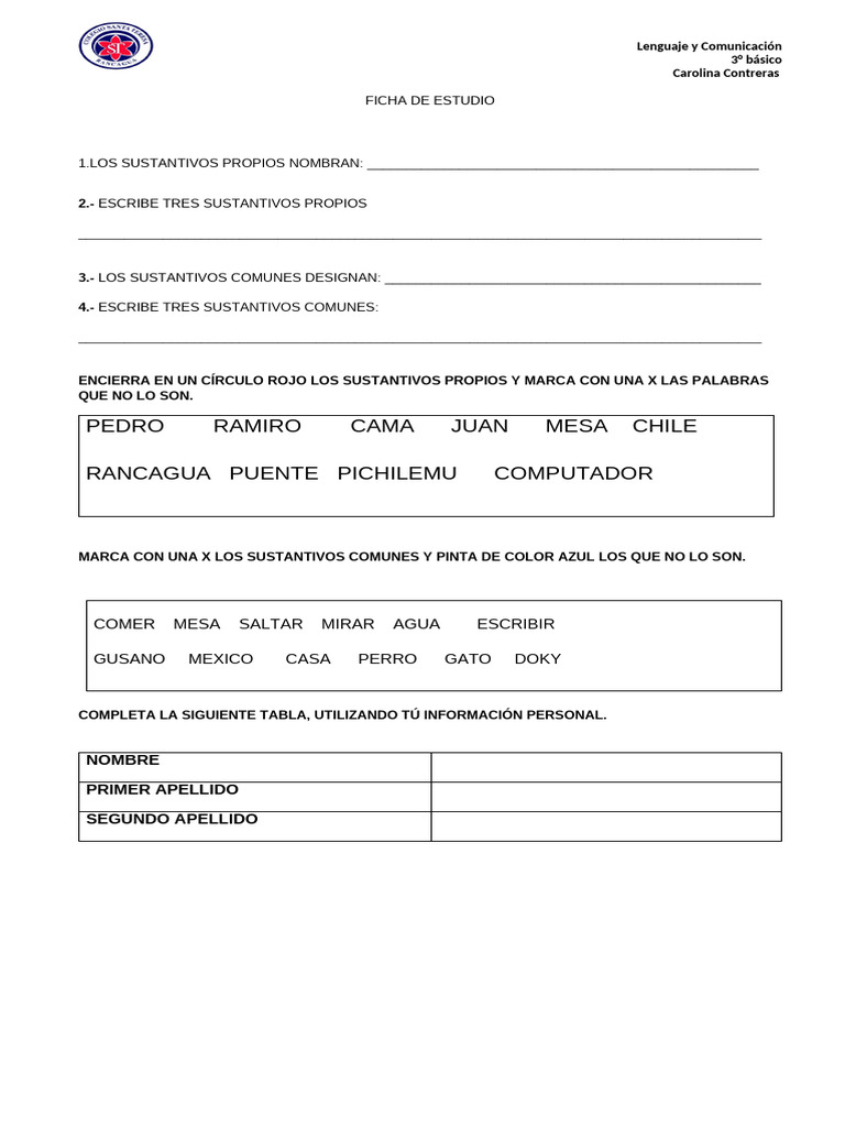 Ficha de Estudio Lenguaje 3ro Sustantivos. | PDF