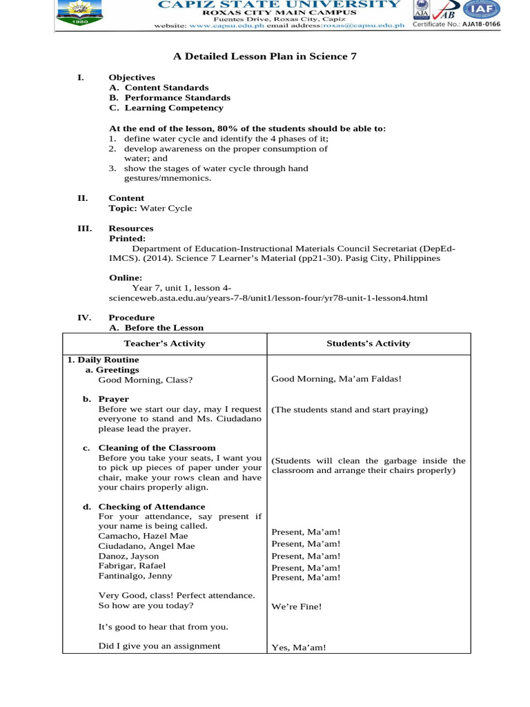 A-Detailed-Lesson-Plan-in-Science-7-aaaa | PDF | Water | Precipitation