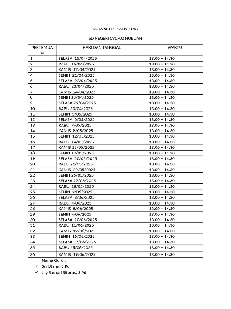 JADWAL LES CALISTUNG | PDF