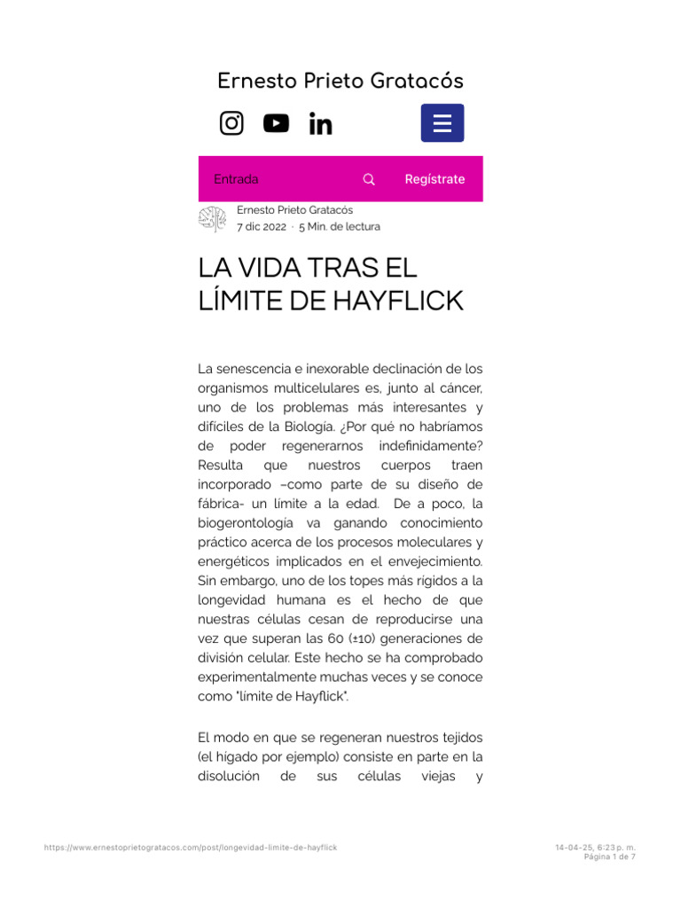 Límite de Hayflick y longevidad celular | PDF | Telómero | Adn