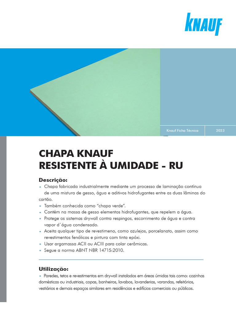 Ficha Técnica Knauf Drywall Resistente A Umidade RU | PDF | Drywall | Materiais