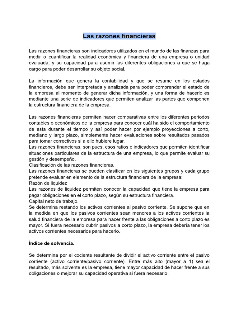 Razones Financieras: Análisis y Tipos | PDF | Ratio financiero ...