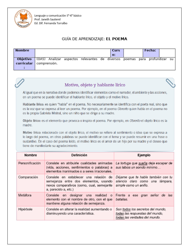 Análisis de Poemas para 5°-6° Básico | PDF