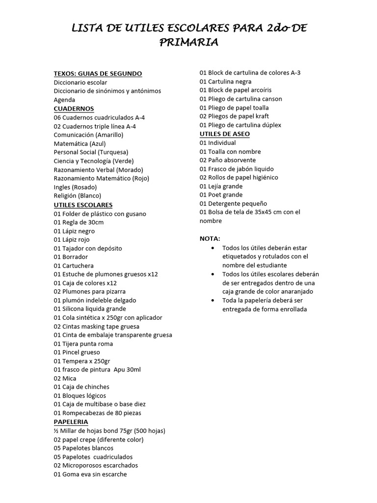 Lista de Utiles Escolares para 2do de Primaria | PDF