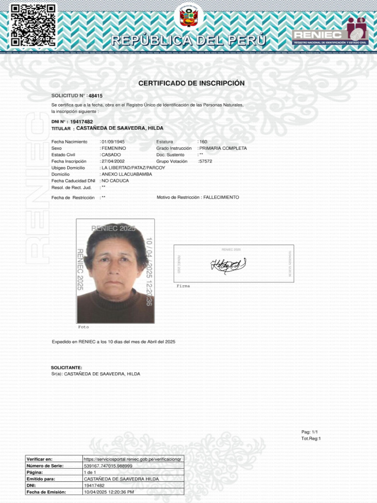 Certificado Inscripcion 19417482 | PDF