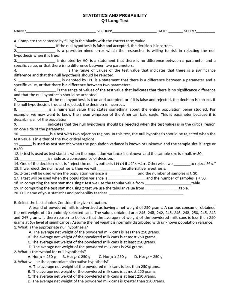 STAT and PROB Long Test | PDF | Null Hypothesis | Statistical Significance