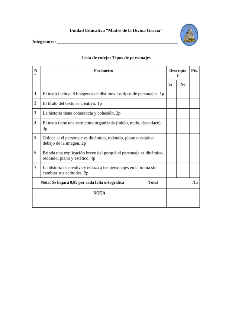 Cotejo de Tipos de Personajes en Narrativa | PDF