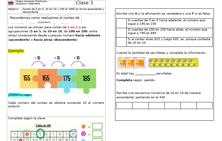 clase+3+contar+de+5+en+5+10+en+10+y+100+en+100 | PDF