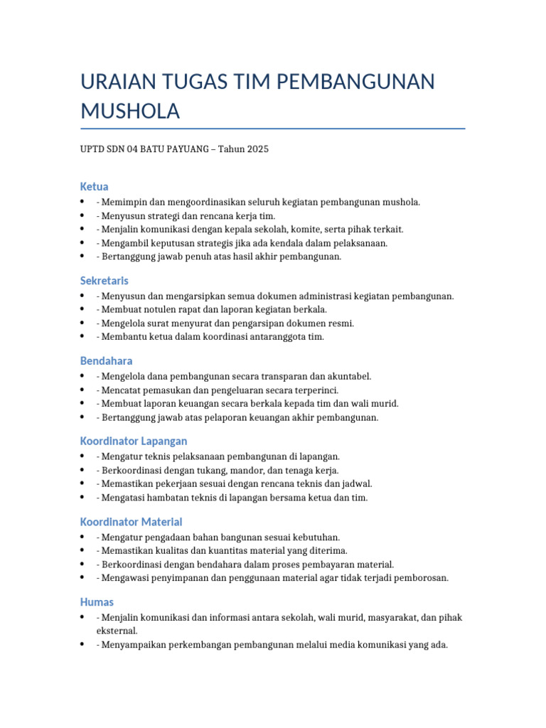 Uraian Tugas Tim Pembangunan Mushola | PDF