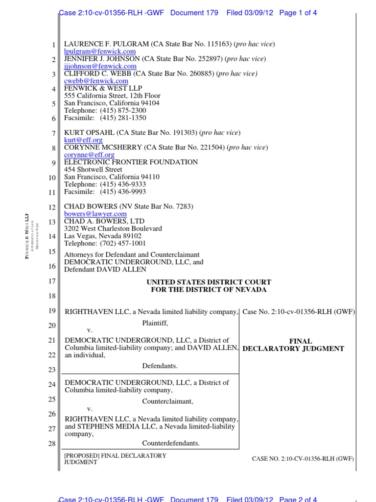 Final Declaratory Judgment Against Righthaven | PDF | Summary Judgment ...