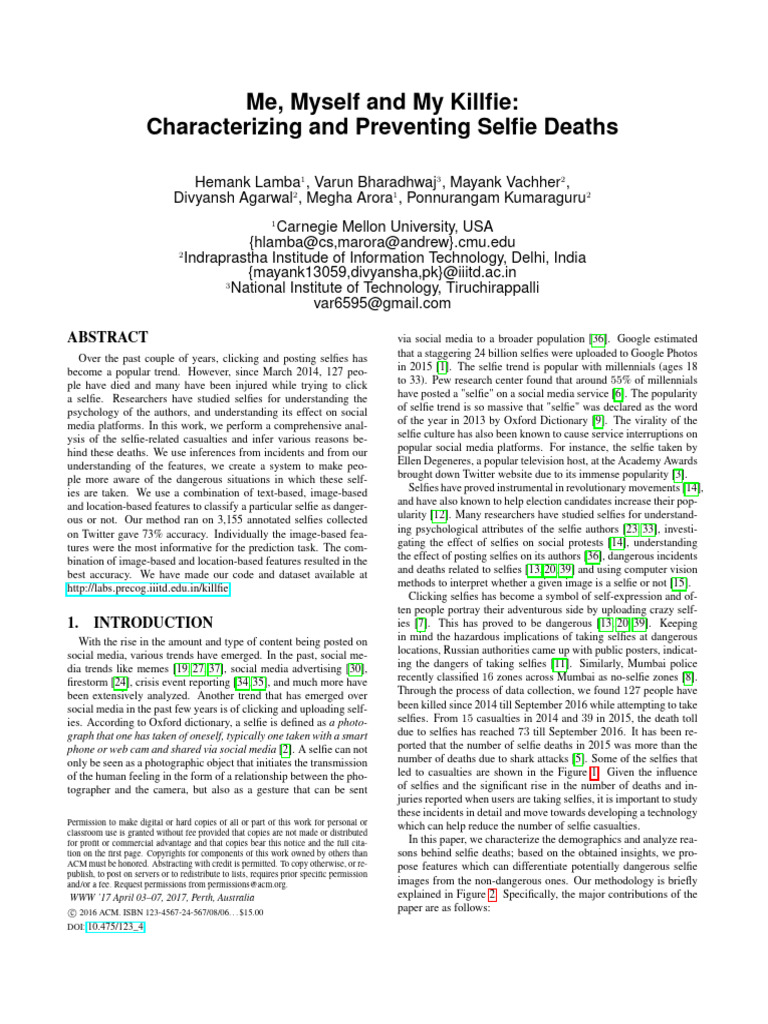Me Myself and My Killfie Characterizing and Preven | PDF | Selfie | P Value