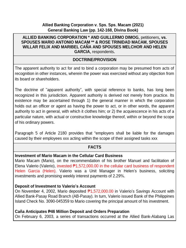 Allied Banking Corporation v. Sps. Sps. Macam (2021) | PDF | Banks ...