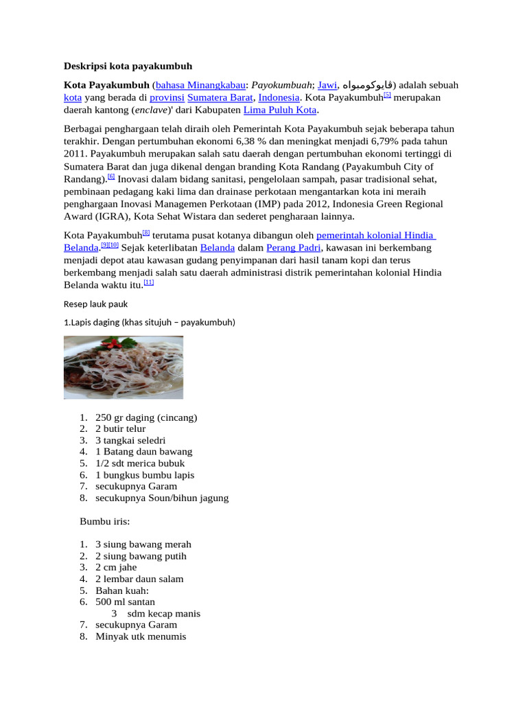 Kota Payakumbuh: Sejarah dan Kuliner | PDF