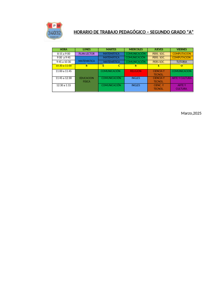 Horario Segundo Grado A - Marzo 2025 | PDF