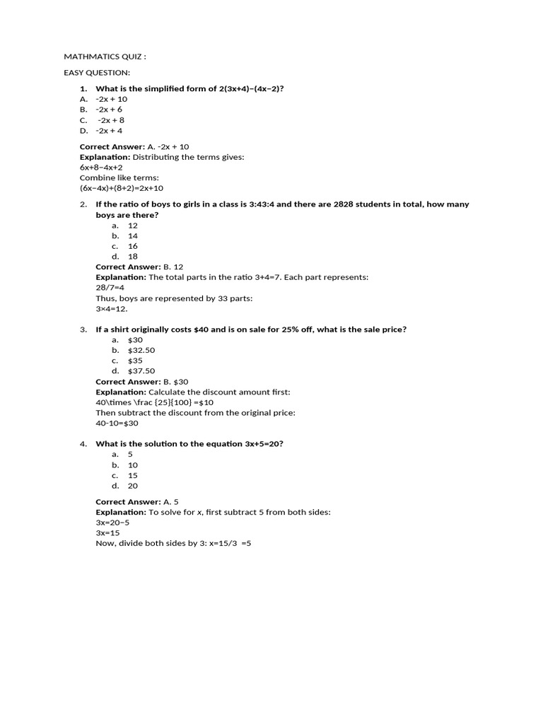 Mathmatics Quiz | PDF