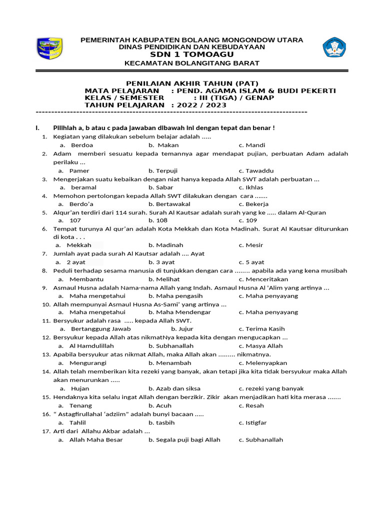 SOAL DAN JAWABAN PAT PAI KELAS 3 SMST GENAP 2023 | PDF