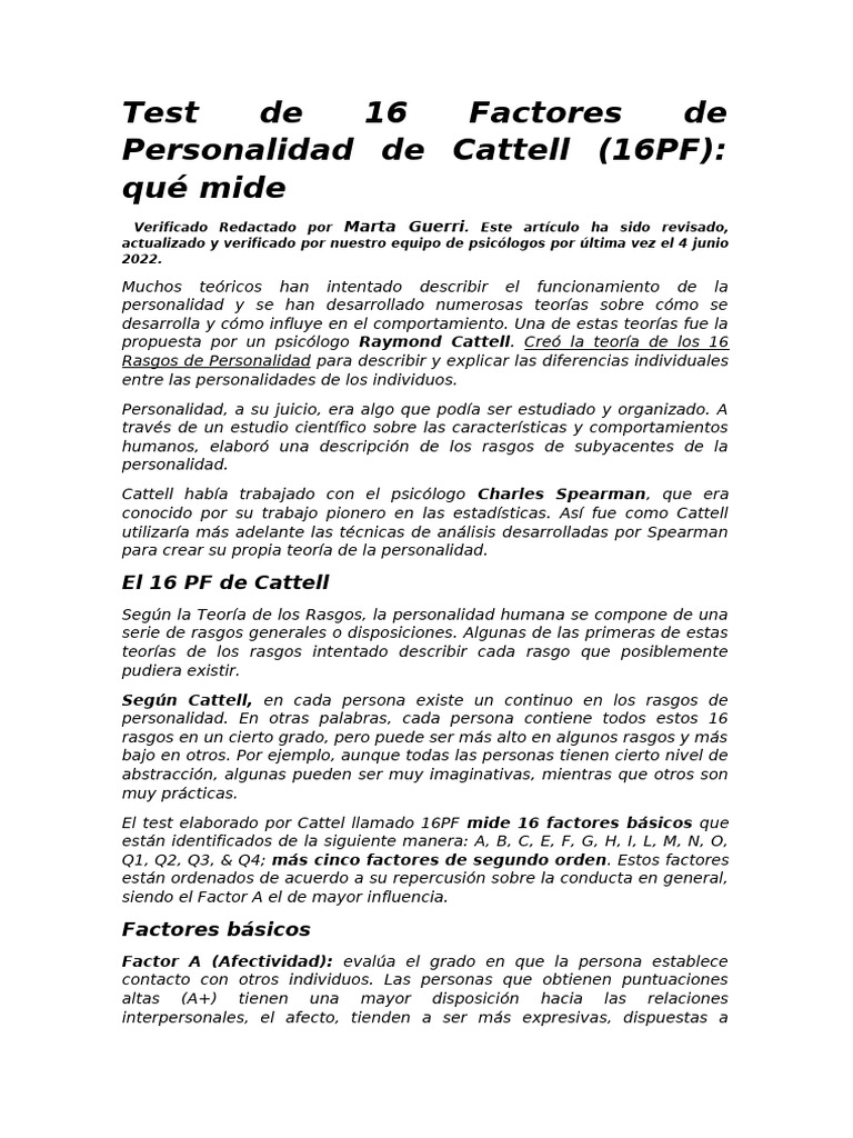Test de 16 Factores de Personalidad 16PF | PDF | Sicología | Psicología ...