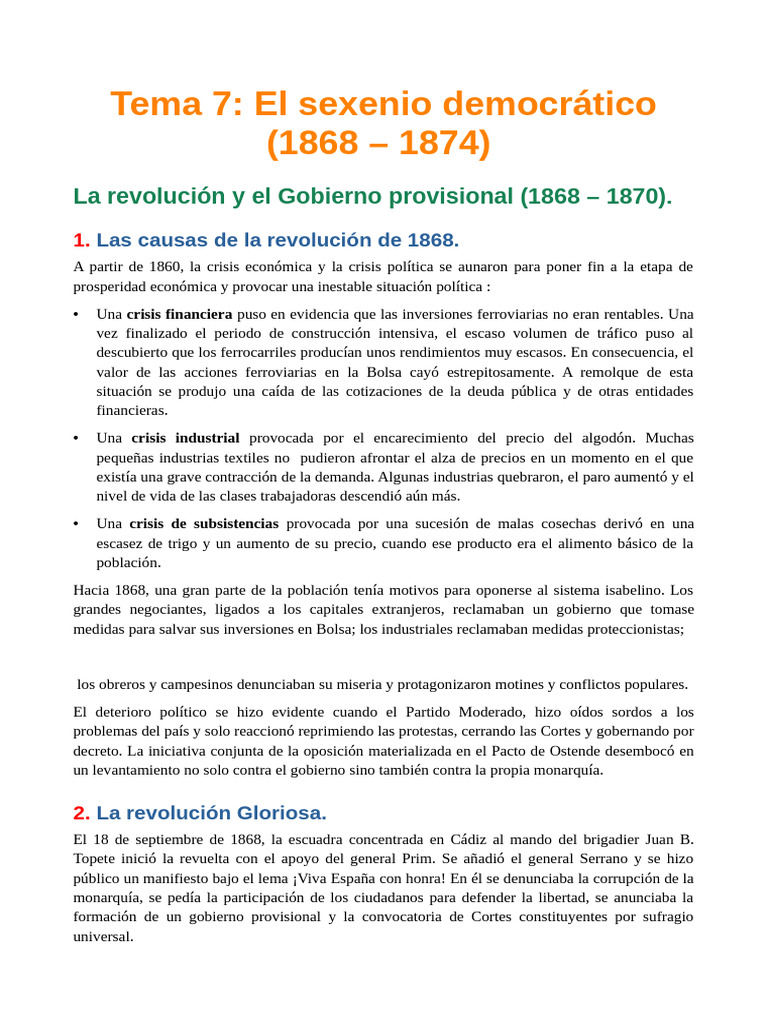 Tema 7 El sexenio democratico | PDF | España | Ciencias Políticas