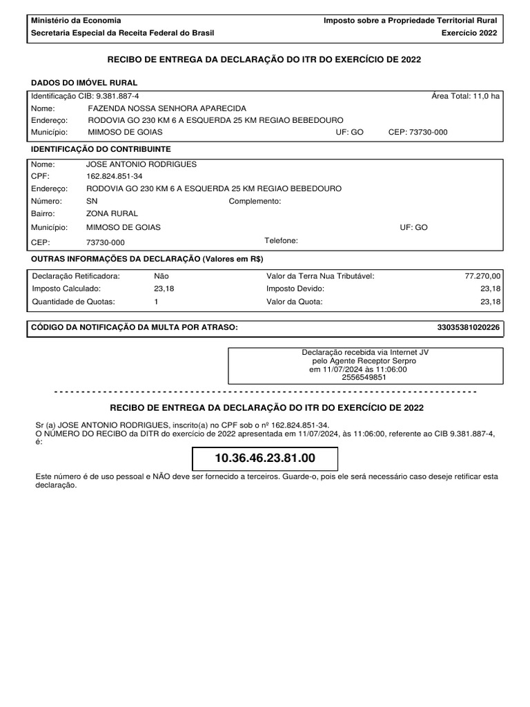 ITR 2022 ORIGI Recibo | PDF | Impostos