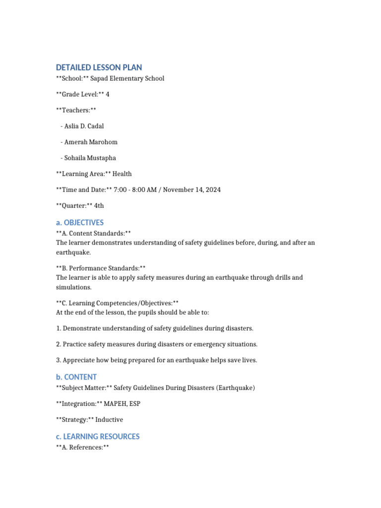 Detailed Lesson Plan Earthquake | PDF | Lesson Plan | Teachers