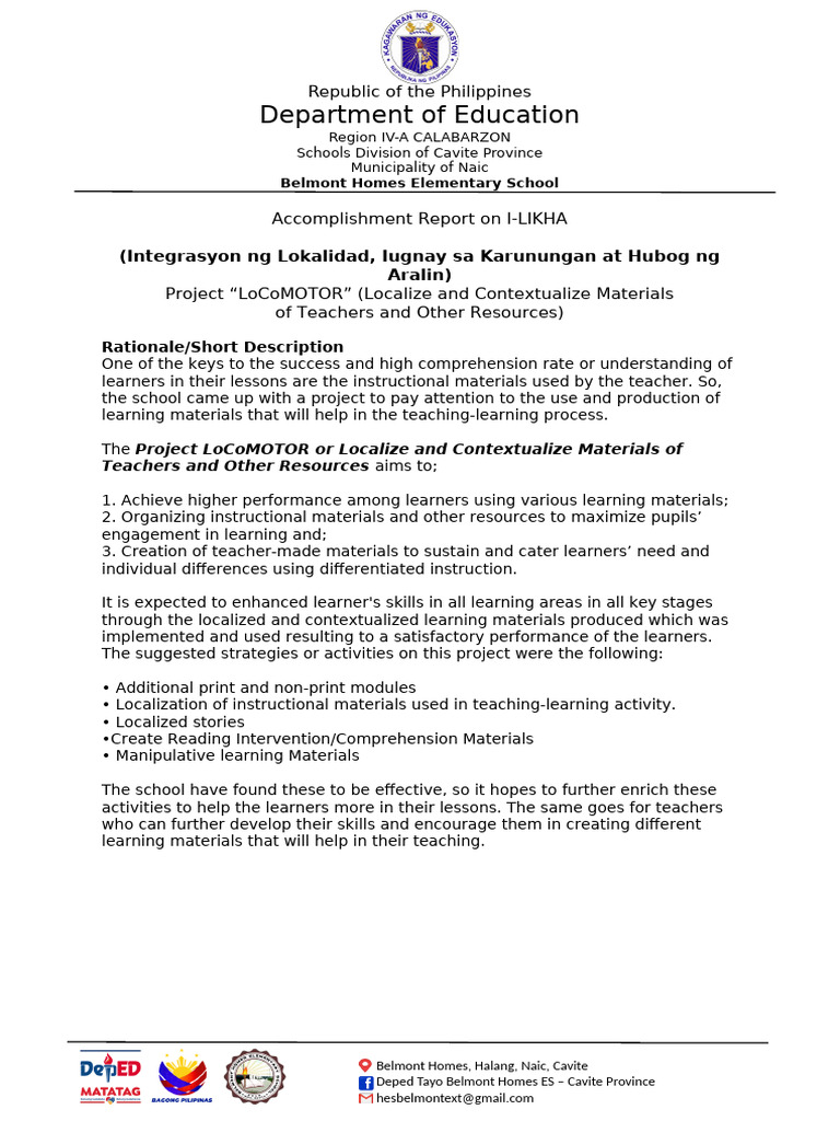 I-Likha Accomp-Lishment Report | PDF | Teachers | Learning