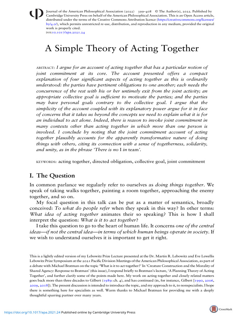 Gilbert, Margaret. A Simple Theory of Acting Together | PDF | Occam's Razor | Theory