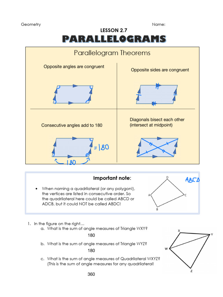 Parallelogram Theorems: Lesson 2.7 | PDF | Classical Geometry | Geometric Shapes
