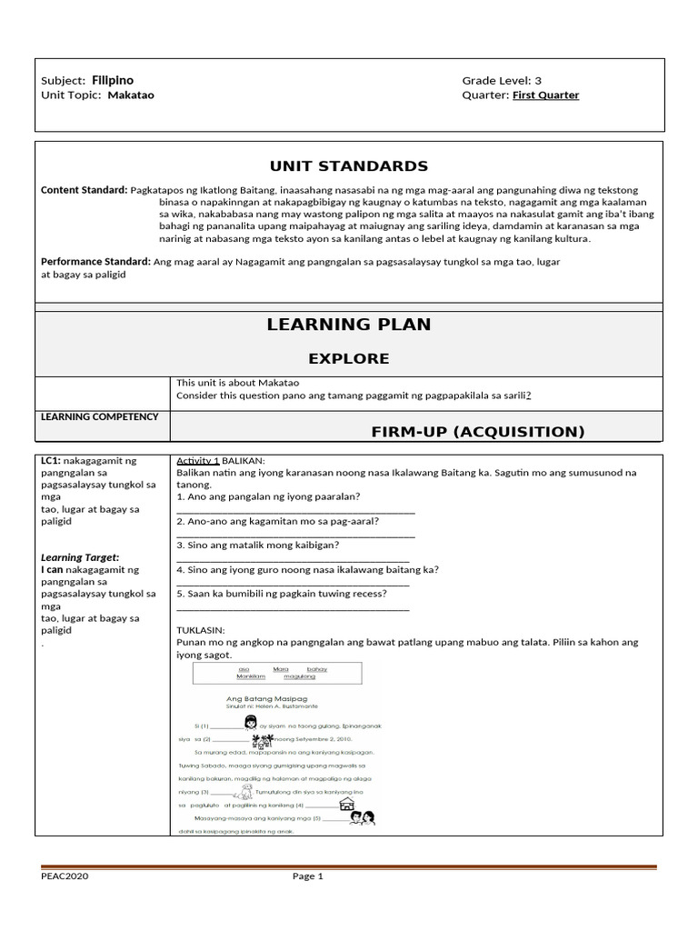 Learning Plan - Filipino | PDF