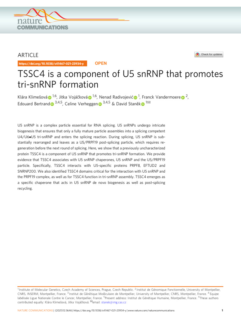 TSSC4 Is A Component of U5 SNRNP That Promotes Tri-snRNP Formation ...
