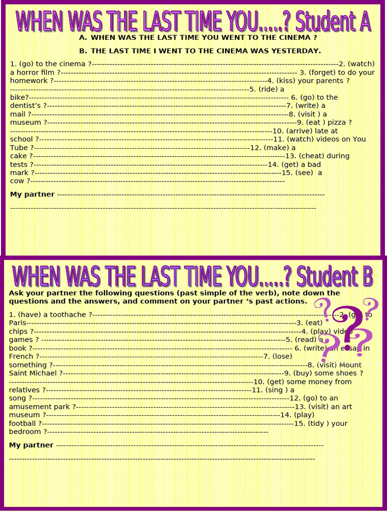 When Was The Last Time Youpast Simple Pair Work Grammar Drills Oneonone ...