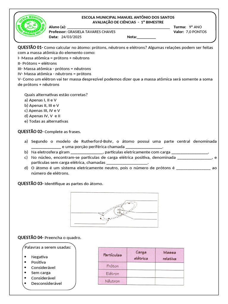 1º B - Átomo e Sua Constituição e Tabela Periódica | PDF | Próton | Elétron