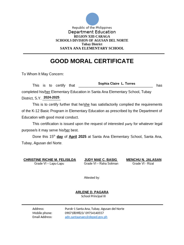 Good Moral Certificate for Graduates | PDF