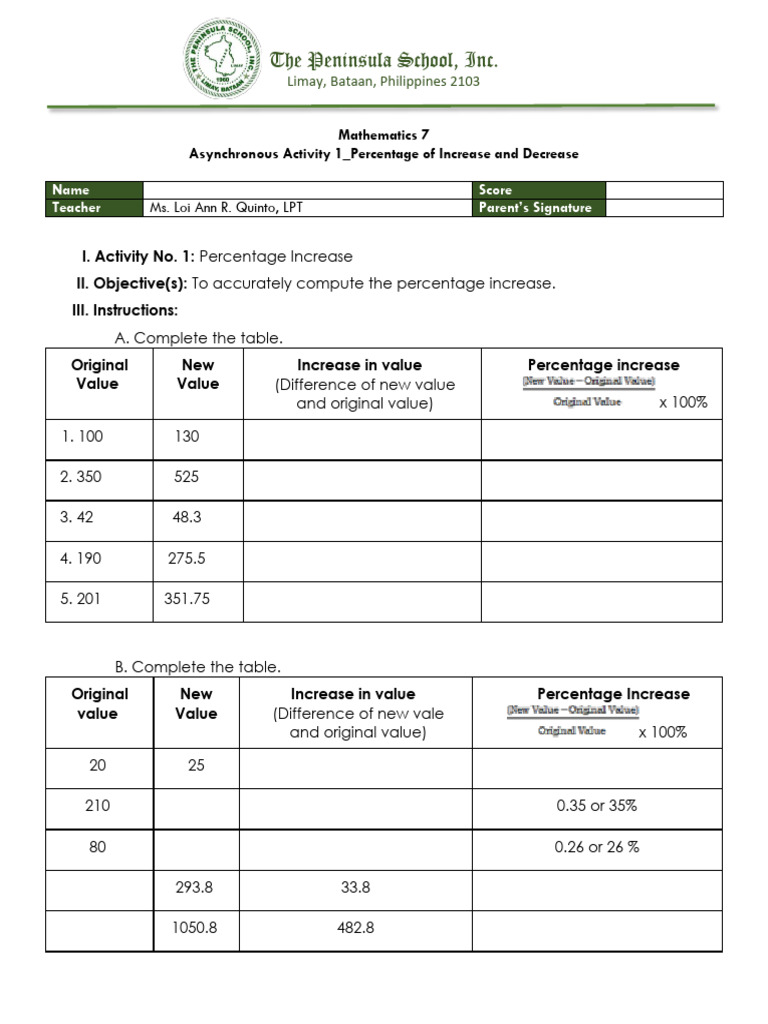 Math 7 - Percentage of Increase and Decrease | PDF | Percentage | Mathematics