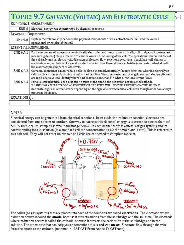 9.7 Galvanic (Voltaic) and Electrolytic Cells Key | PDF | Electrochemistry | Redox