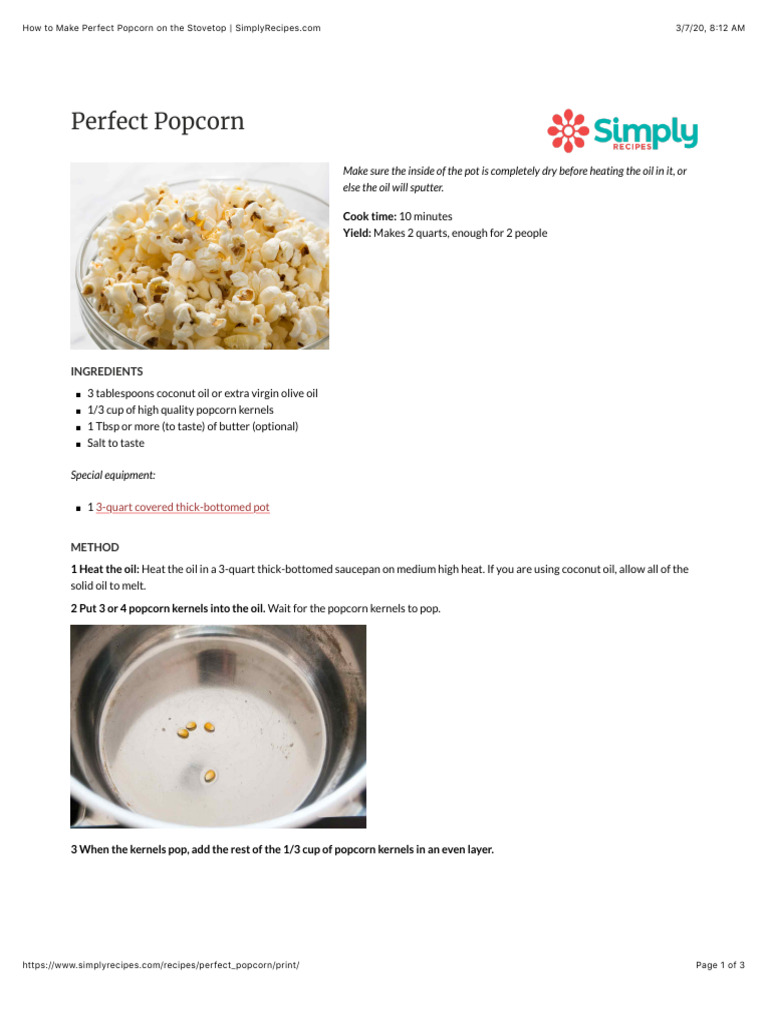 Perfect Stovetop Popcorn Recipe | PDF | Popcorn | Butter