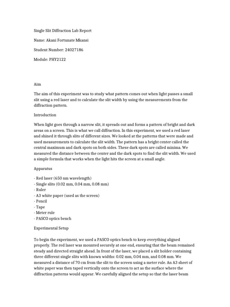 Single Slit Diffraction Report MERGED | PDF | Diffraction | Wavelength