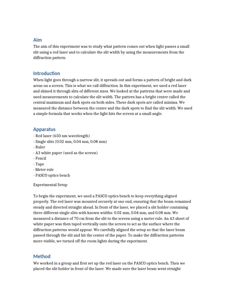 Single Slit Diffraction Report FIXED ORDERED | PDF | Diffraction | Laser