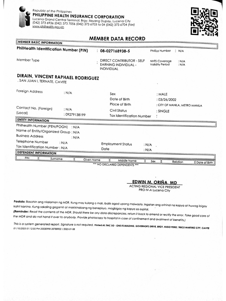 Vincent Raphael R Dirain Philhealth | PDF