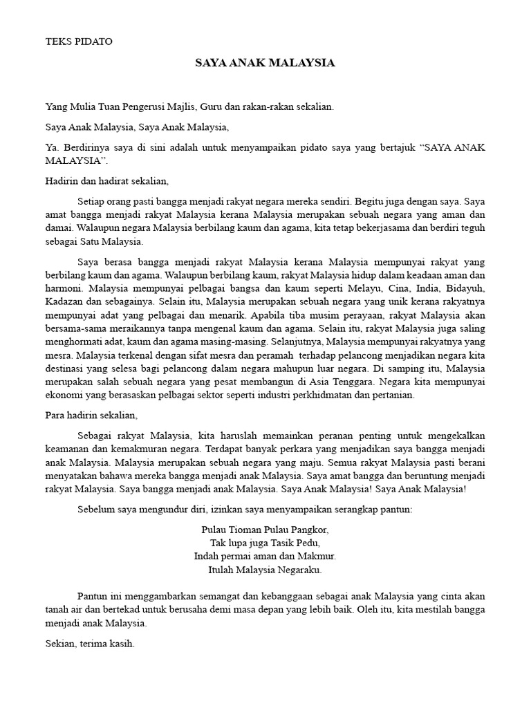 Teks Pidato - Saya Anak Malaysia Dan Sayangi Sekolah | PDF