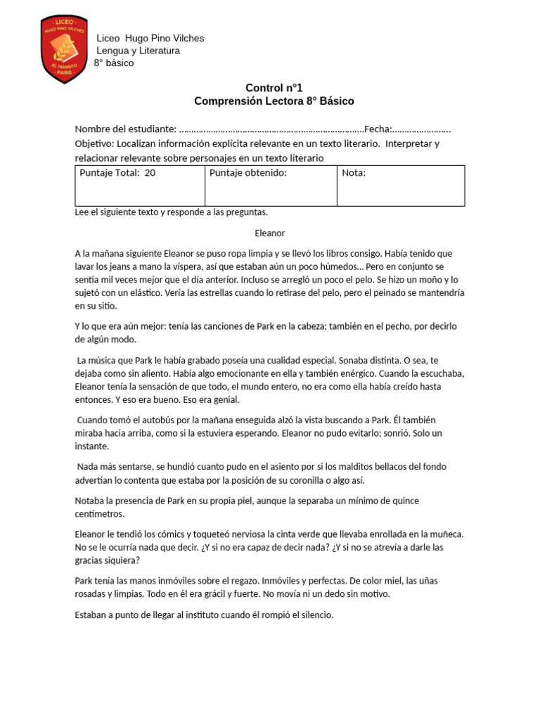 Control N°1 Octavo Comprensión Lectora | PDF