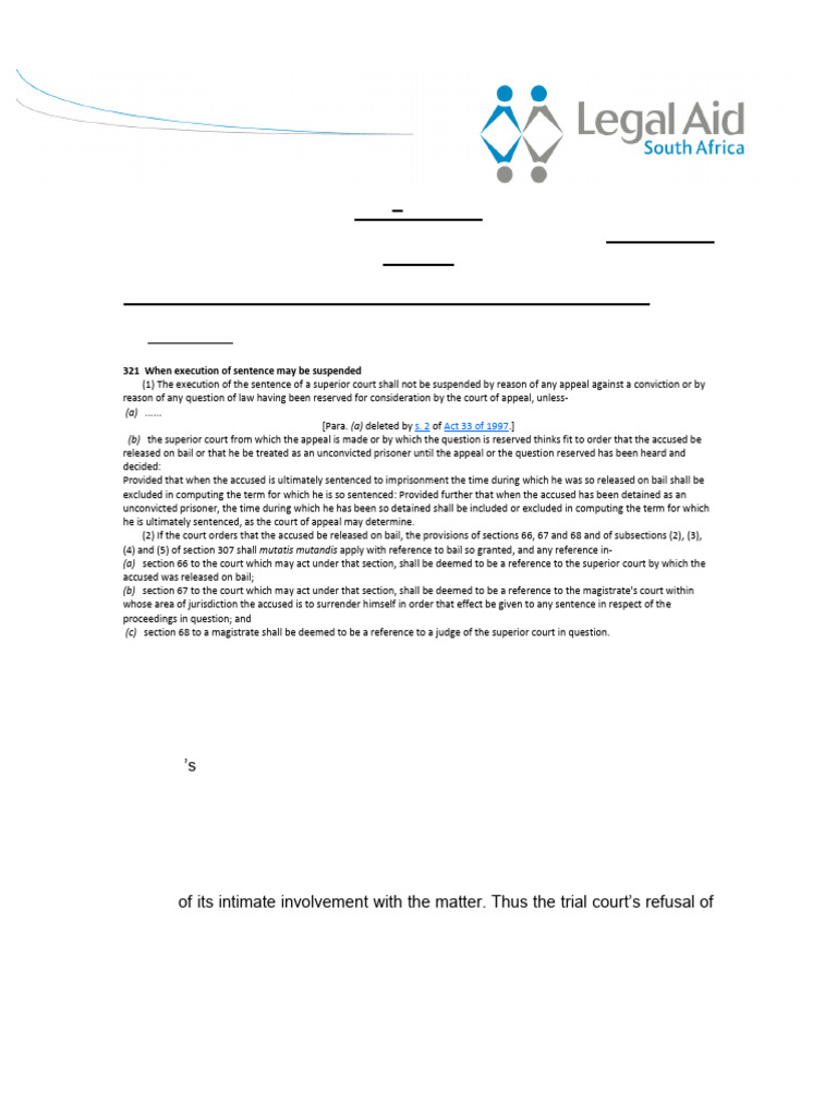 Application For Bail Pending An Appeal (Section 321, Act 51 of 1977) | PDF | Bail | Criminal ...