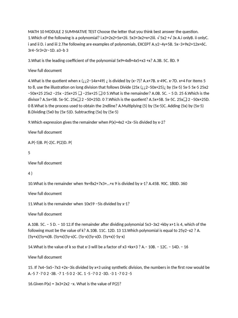 MATH 10 MODULE-WPS Office | PDF | Polynomial | Factorization