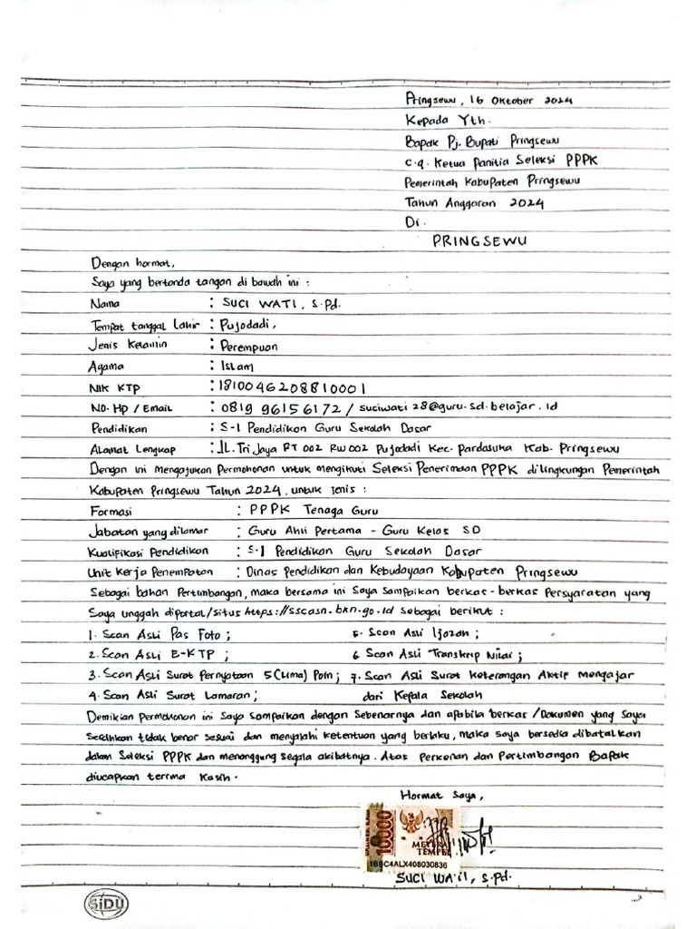 Surat Lamaran Suci Wati - Compressed | PDF