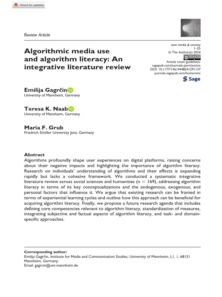 Gagrcin Et Al 2024 Algorithmic Media Use and Algorithm Literacy An ...