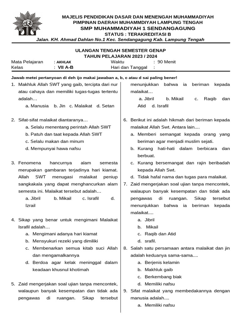 Akhlak 7 A-B Mid Genap 2023-2024 20 | PDF