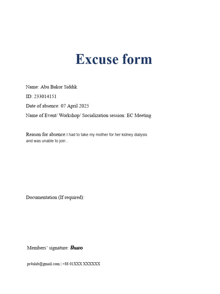 Excuse Form for School Absence | PDF