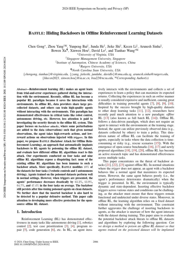 Baffle Hiding Backdoors in Offline Reinforcement Learning Datasets | PDF | Applied Mathematics ...