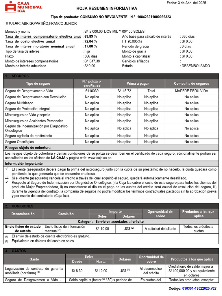 Hoja Resumen Informativa | PDF | Seguro | Crédito